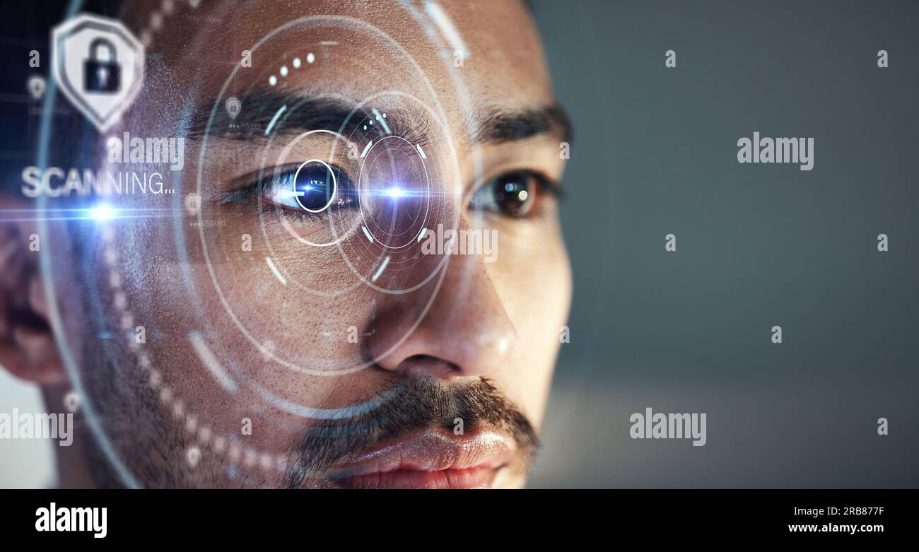 Asian man, scanning eye and biometrics for futuristic cyber security on ...
