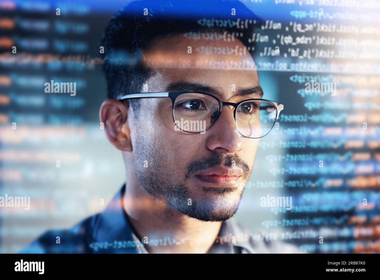 Software, coding hologram and man thinking of data analytics, night ...