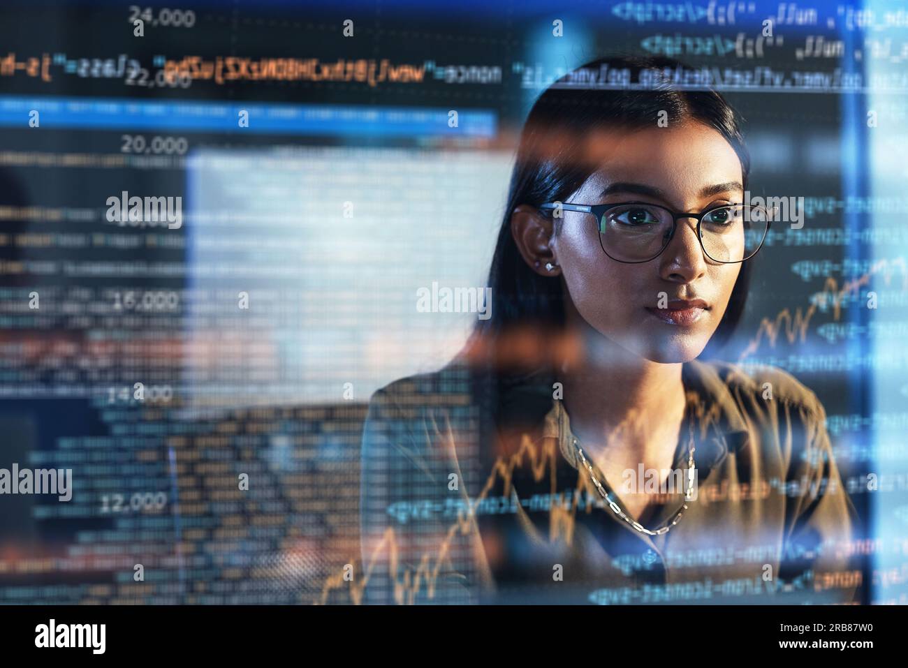 Software, coding hologram and woman in data analytics, information technology and gdpr overlay ...