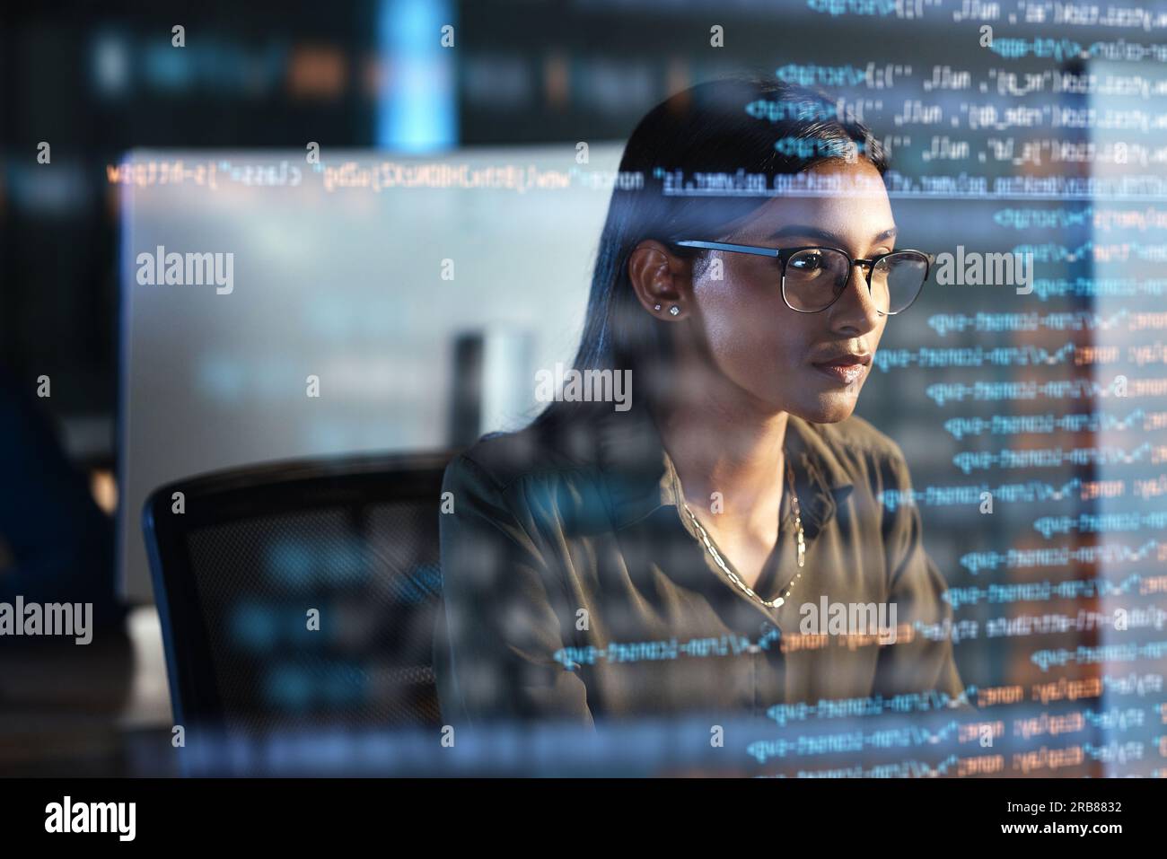 Computer Hologram And Woman Coding For Data Analysis Information Technology Overlay And Night