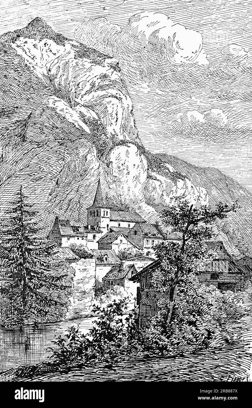 An early 19th century illustration of Cierp now called Cierp-Gaud, a village of Haute-Garonne ...