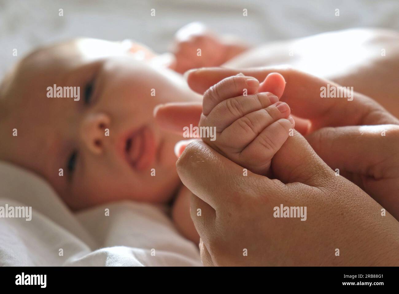 Baby hand in mother hands, on her palm. Happy parents holding their ...