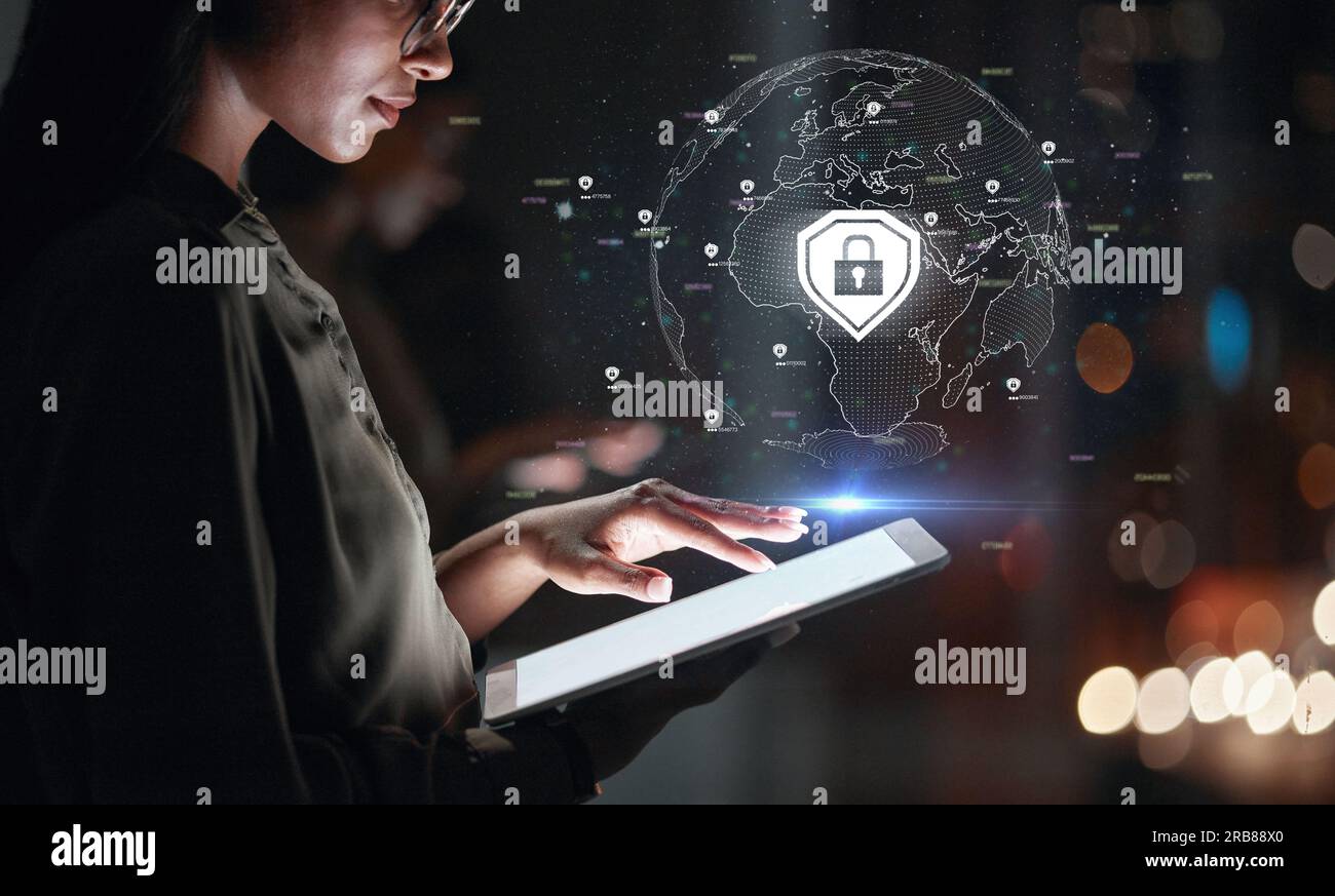 Tablet, cyber security hologram and woman for global data safety ...