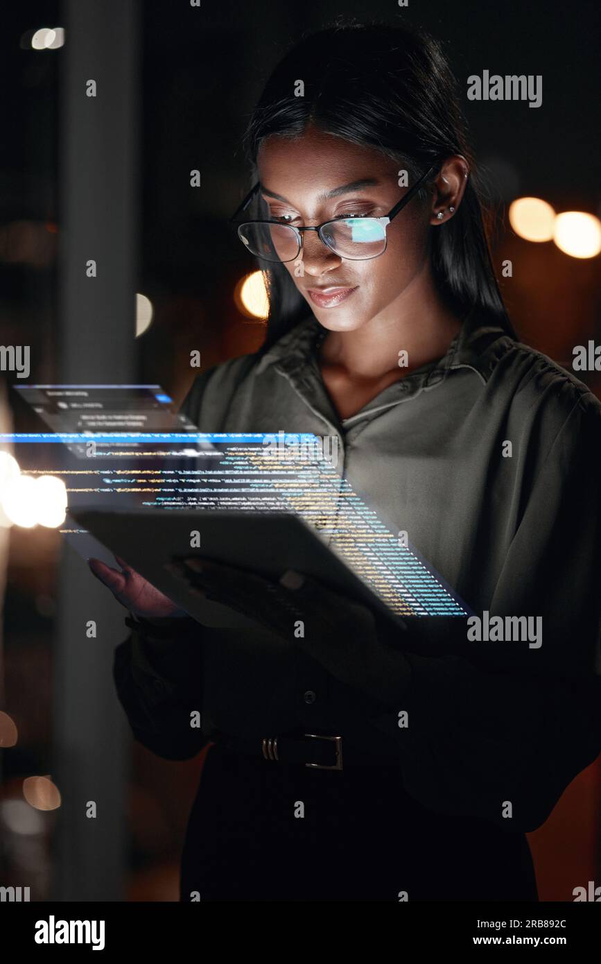 Woman, tablet and hologram at night in web design with dashboard ...