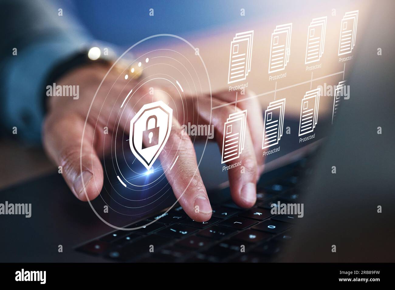 Cyber security, hand and document encryption on laptop with hologram ...