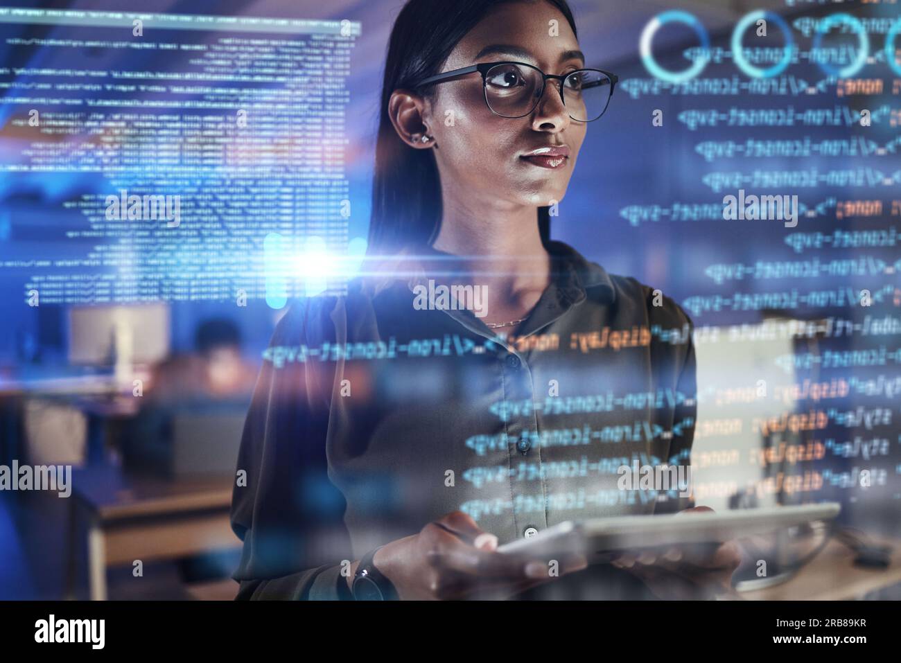 Thinking, code hologram and woman with tablet data analysis, digital ...