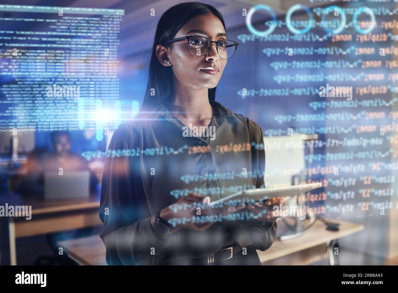 Tablet, code hologram and business woman in data analysis, digital technology or software ...