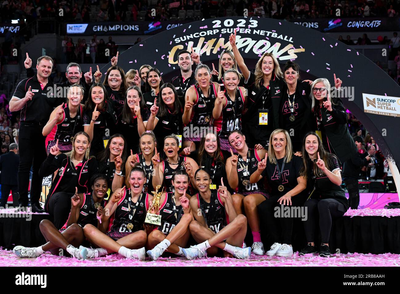 Melbourne, Australia. 08th July, 2023. Thunderbirds players pose with ...