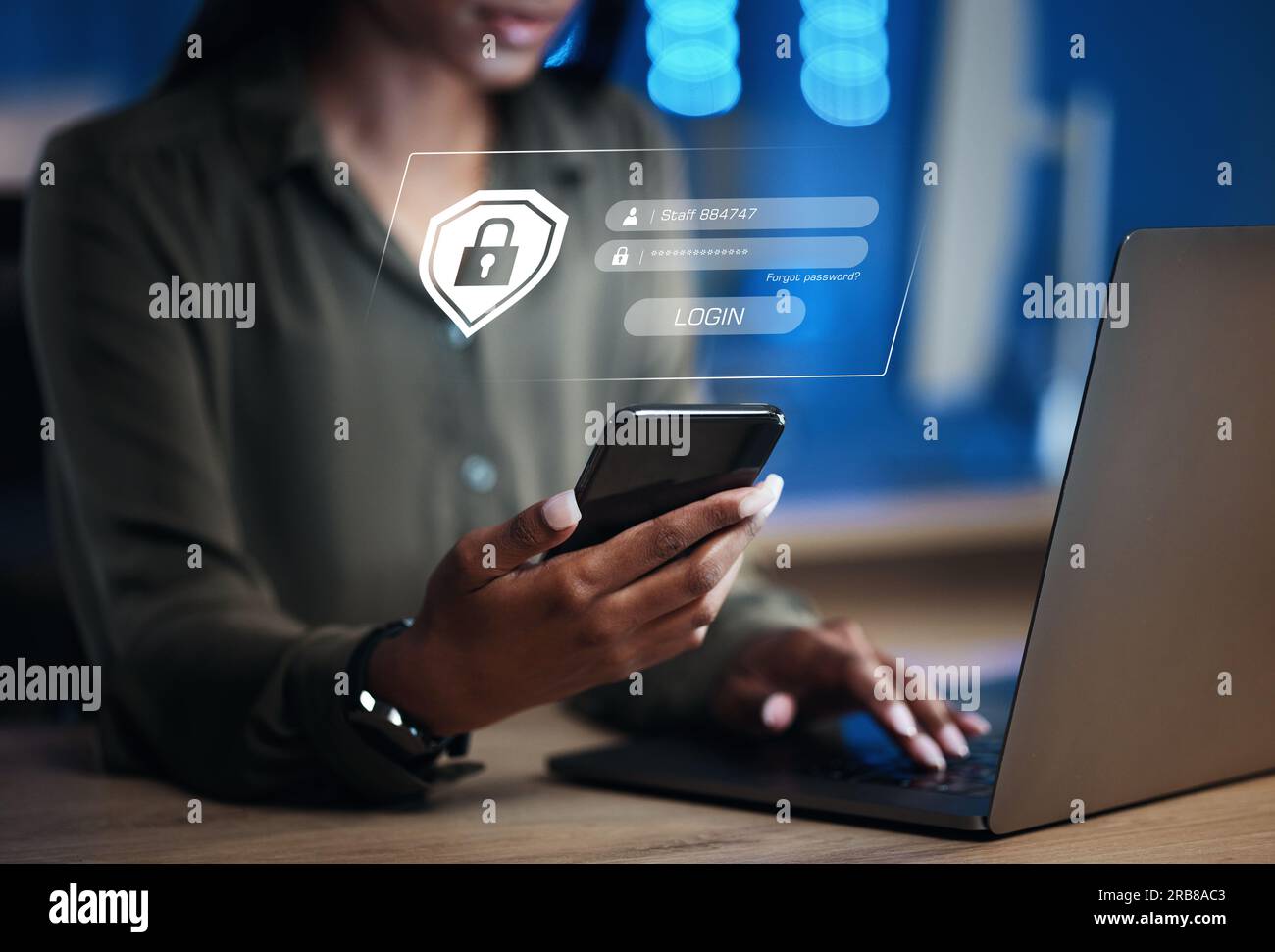 Woman, phone and security for username, password or encryption on ...