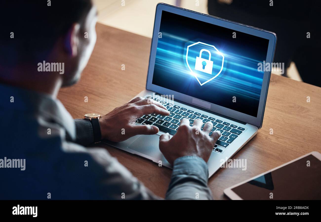 Laptop screen, data protection and man hands for cyber security ...