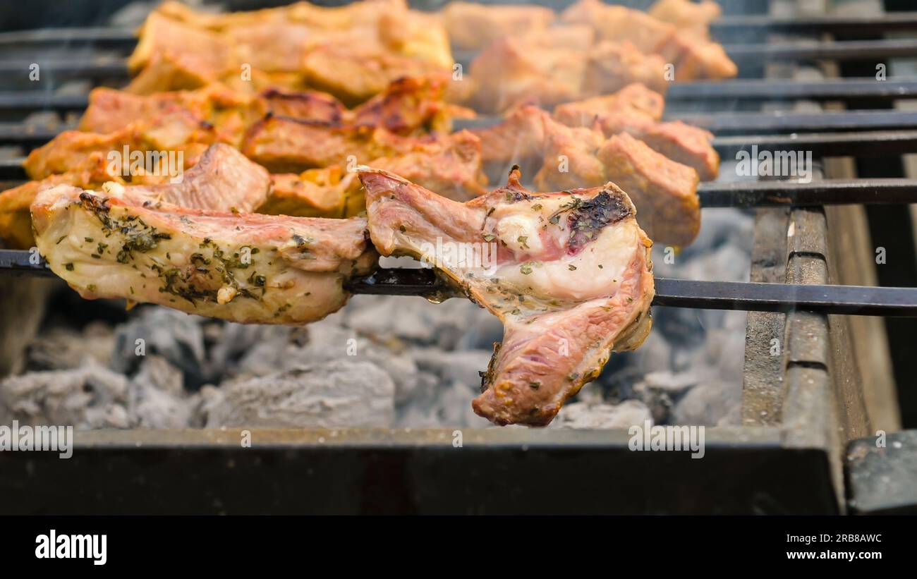BBQ Lamb chops skewers on grill Stock Photo - Alamy