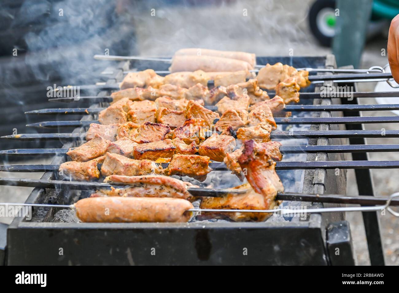 Delicious and sizzling pieces of meat roasted and grilled on skewer ...