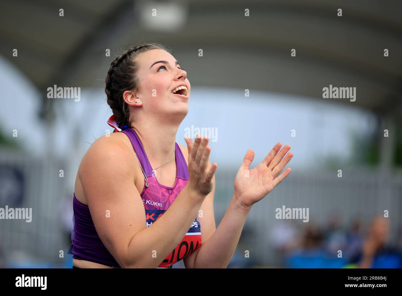 Bekah Walton reacts after throwing the javelin during the javelin final ...
