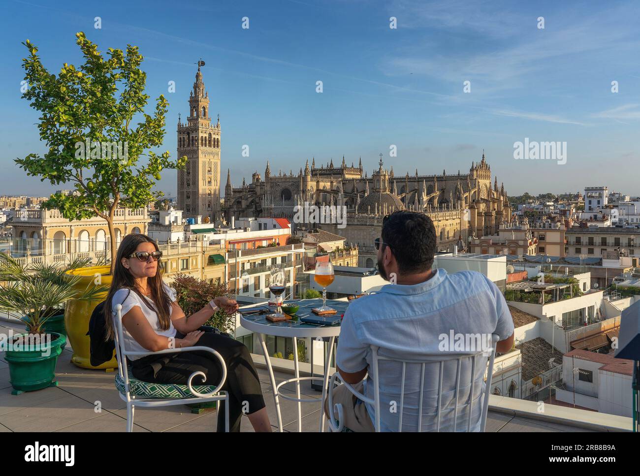 The roof terrace of Hotel Querencia facing the Giraldo tower of the ...