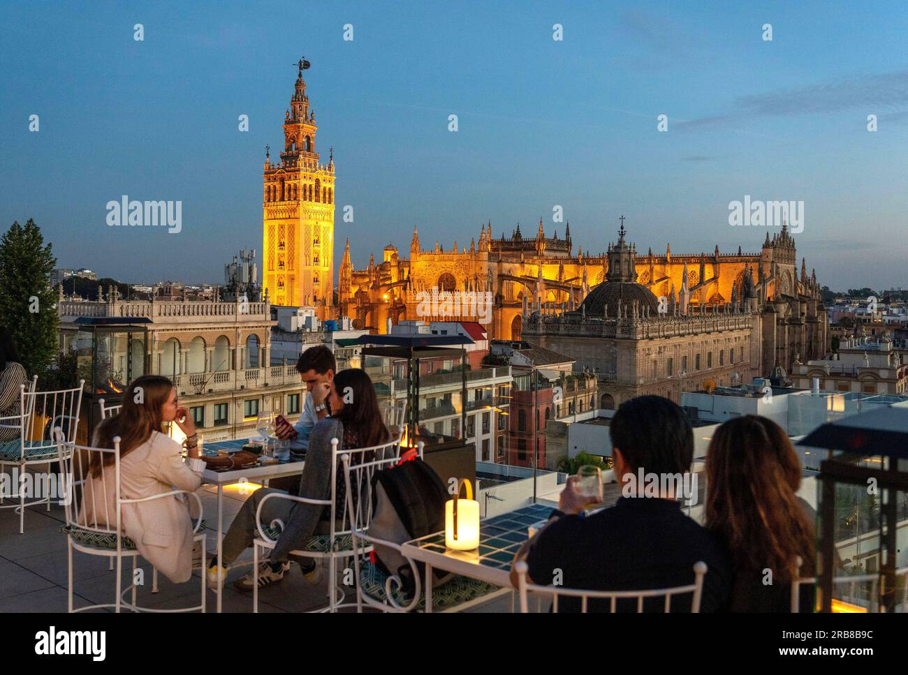 The roof terrace of Hotel Querencia facing the Giraldo tower of the ...
