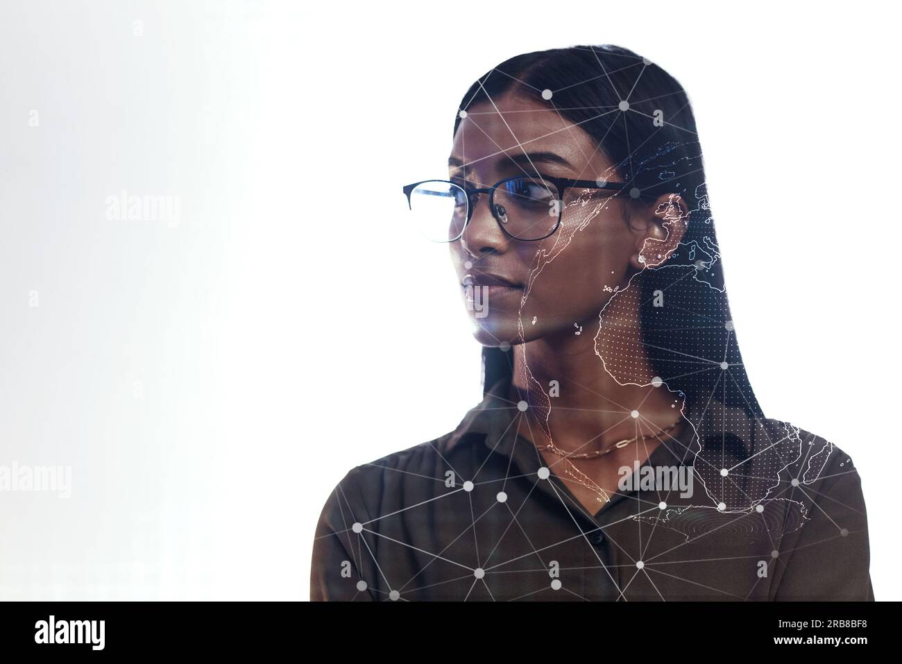 Woman, futuristic biometric hologram or facial recognition for ...