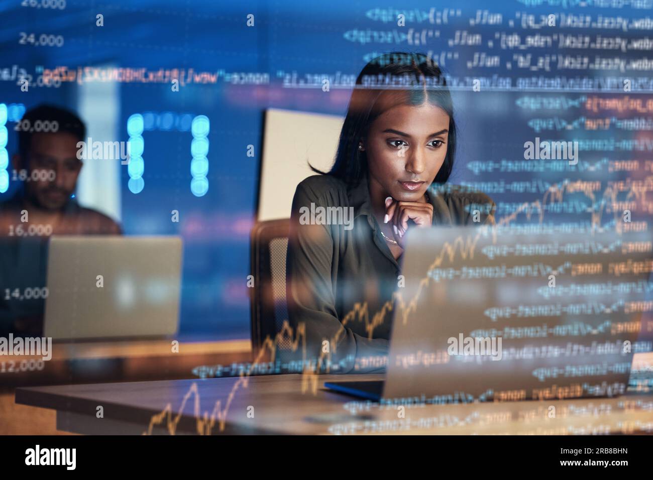 Laptop, code hologram and woman thinking of data analytics, information ...