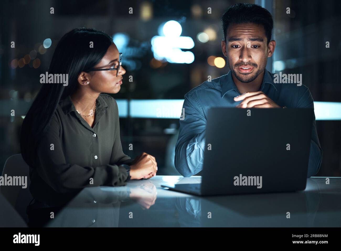 Laptop, planning and business people at night, software development and programming solution in ...