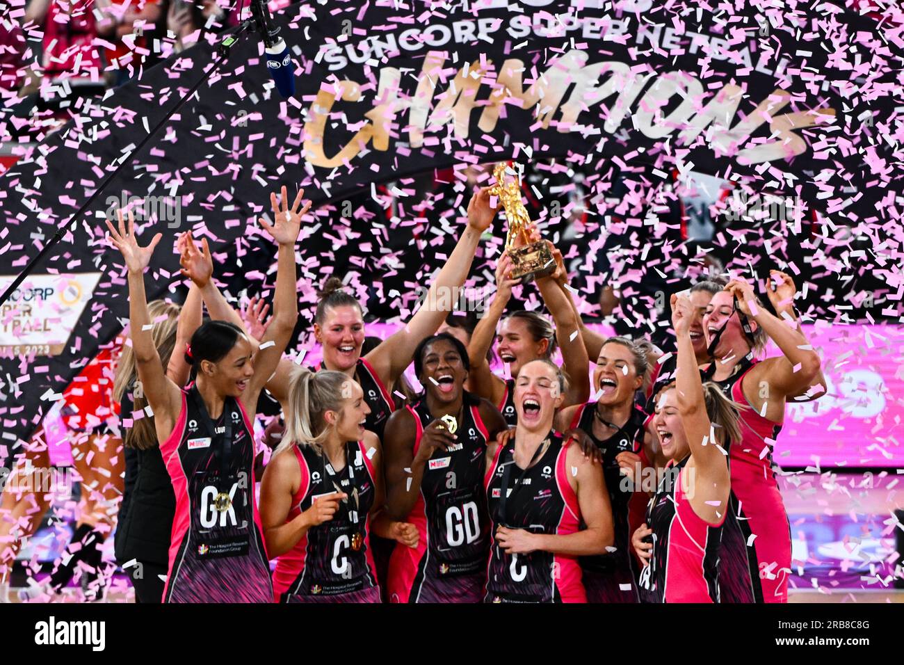 Melbourne, Australia. 08th July, 2023. Thunderbirds players celebrate ...