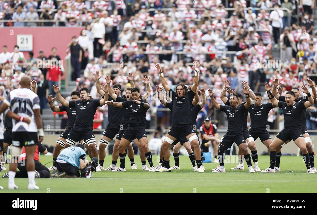 All Blacks XV members perform the haka ahead of a match against Japan ...