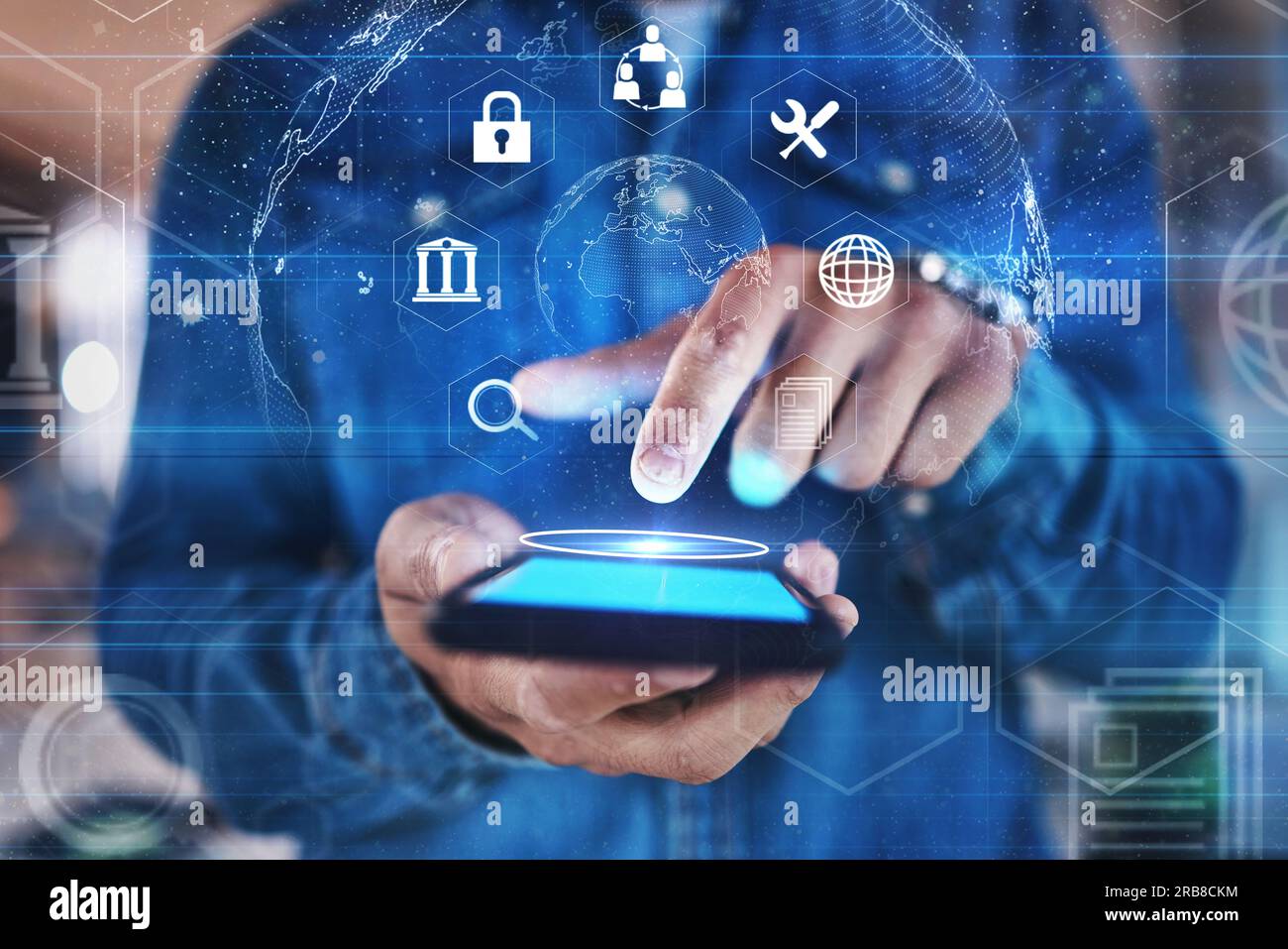 Phone in hand, lock and cybersecurity overlay to show futuristic ...