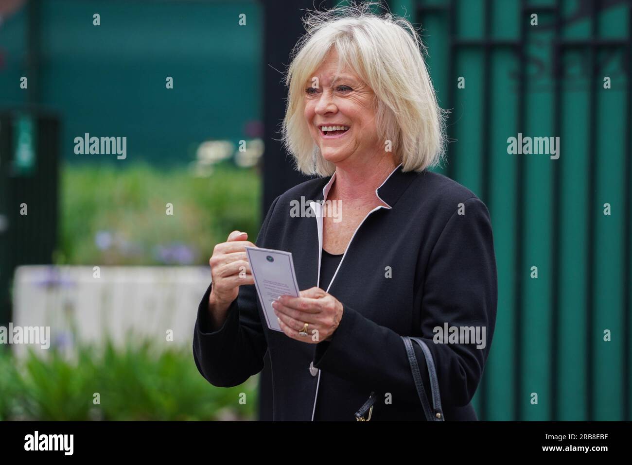 London UK. 8 July 2023 . Sue Barker BBC television presenter arrives at the All England Tennis ...