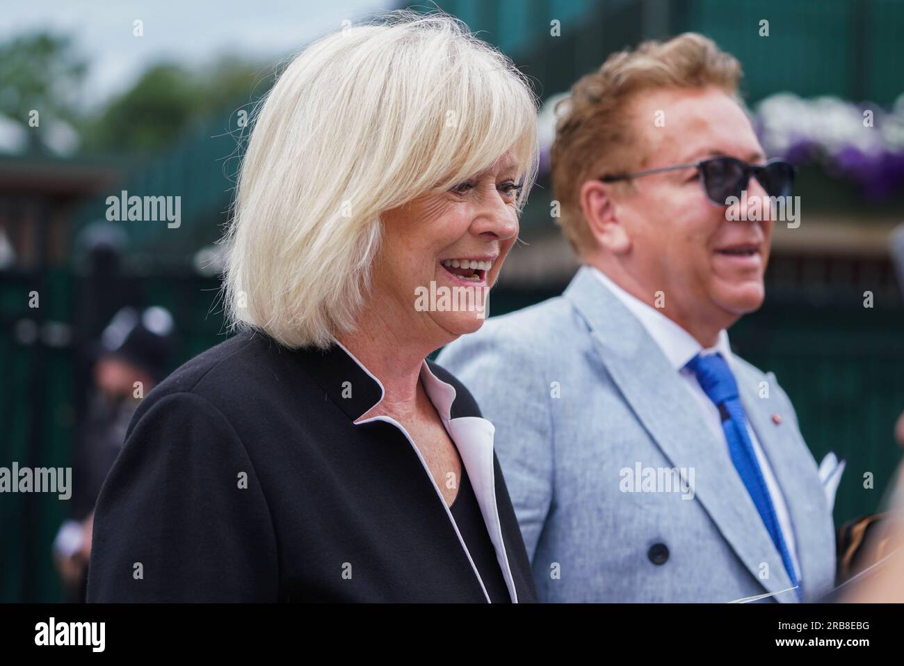 London UK. 8 July 2023 . Sue Barker BBC television presenter arrives at ...
