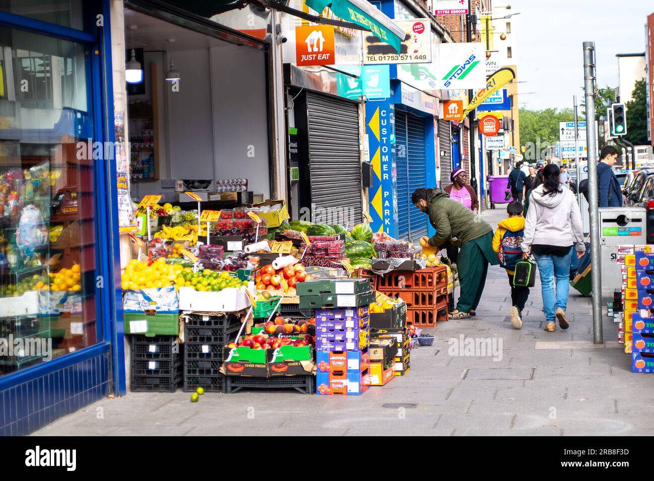 Slough, Berkshire, UK. 6th July, 2023. Fruit for sale outside a shop in ...