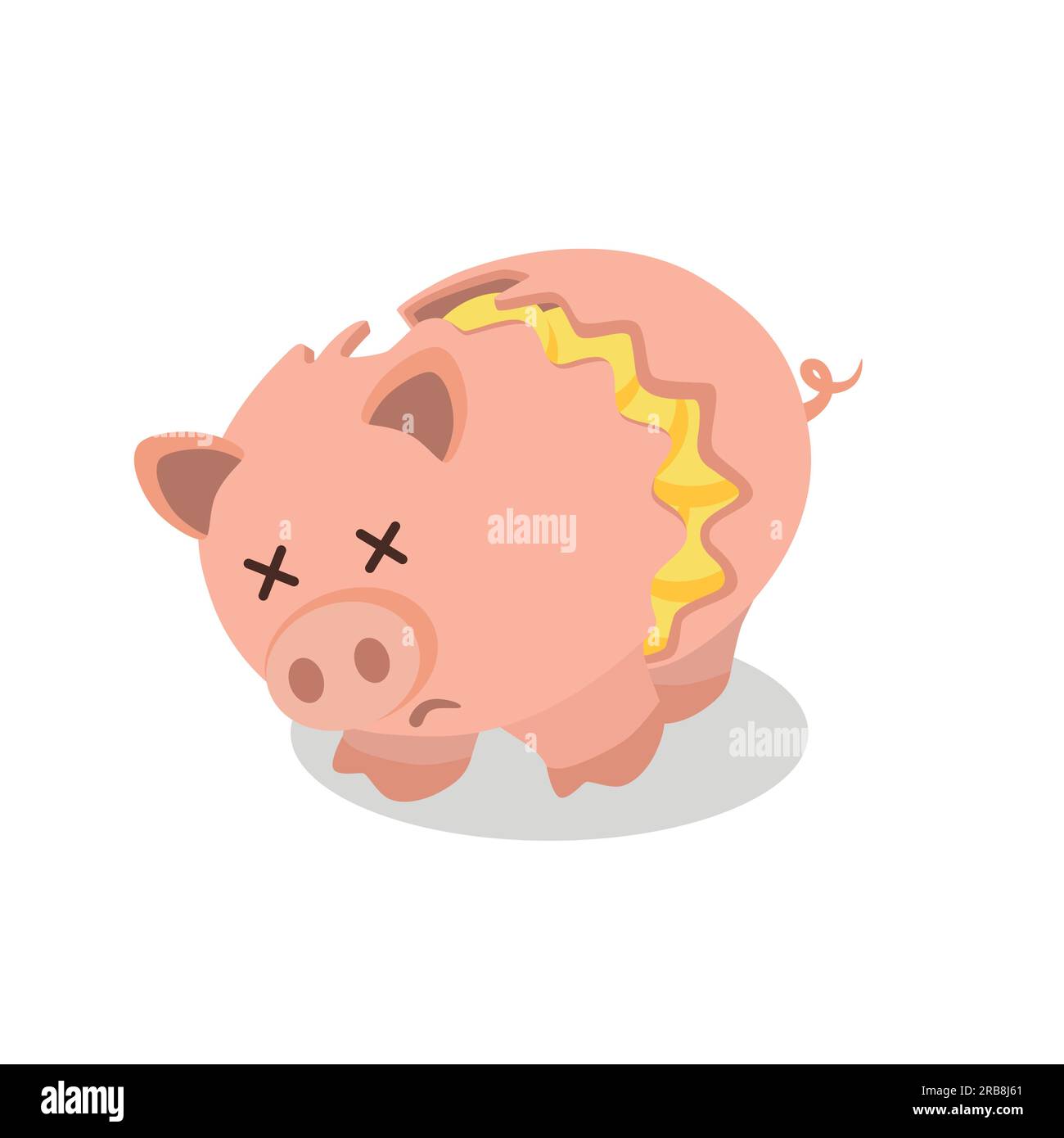 Piggy bank pink round minimalistic sad, dead with money broken in half ...