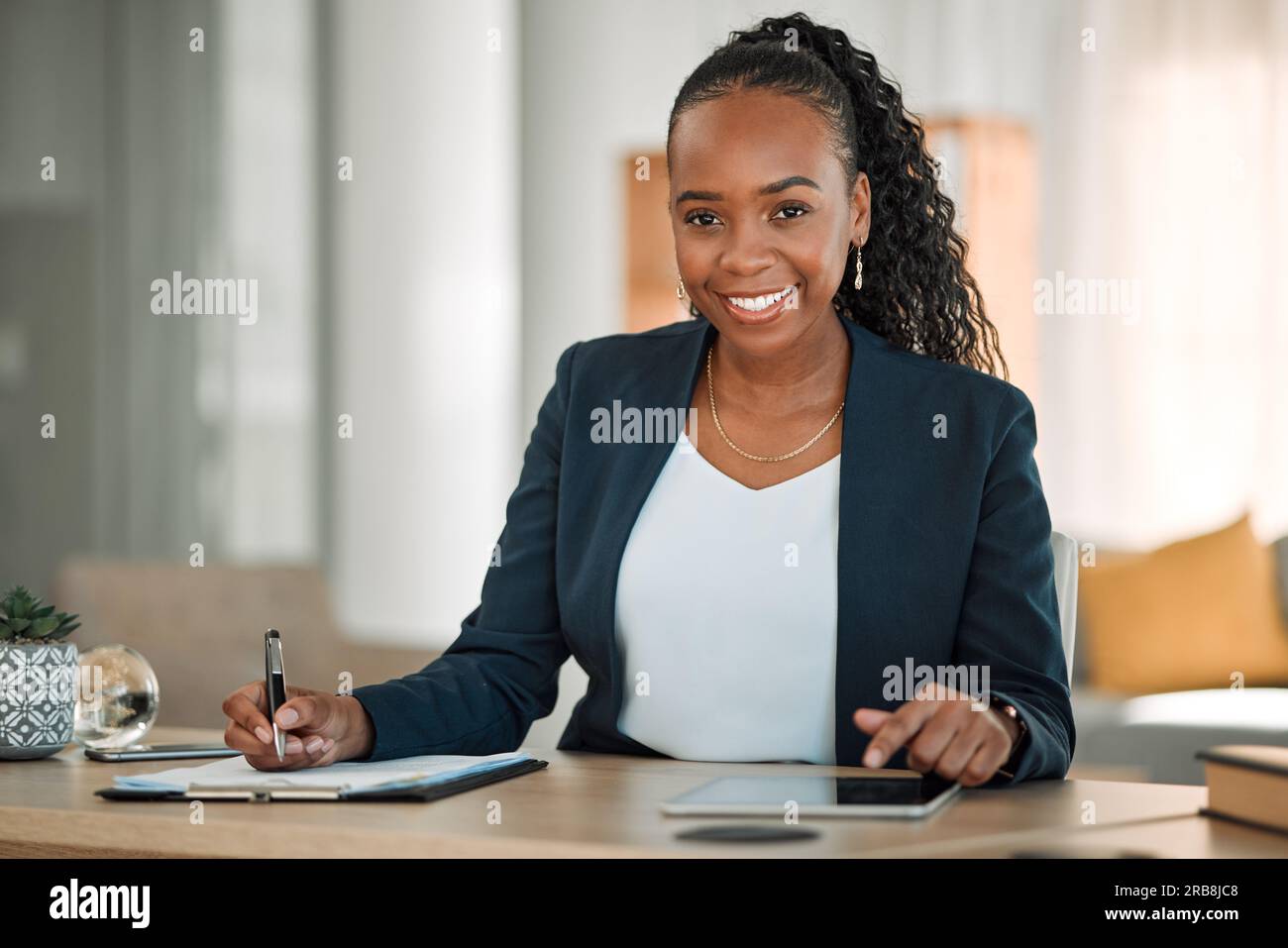 Writing, tablet and business woman in portrait for financial accounting ...