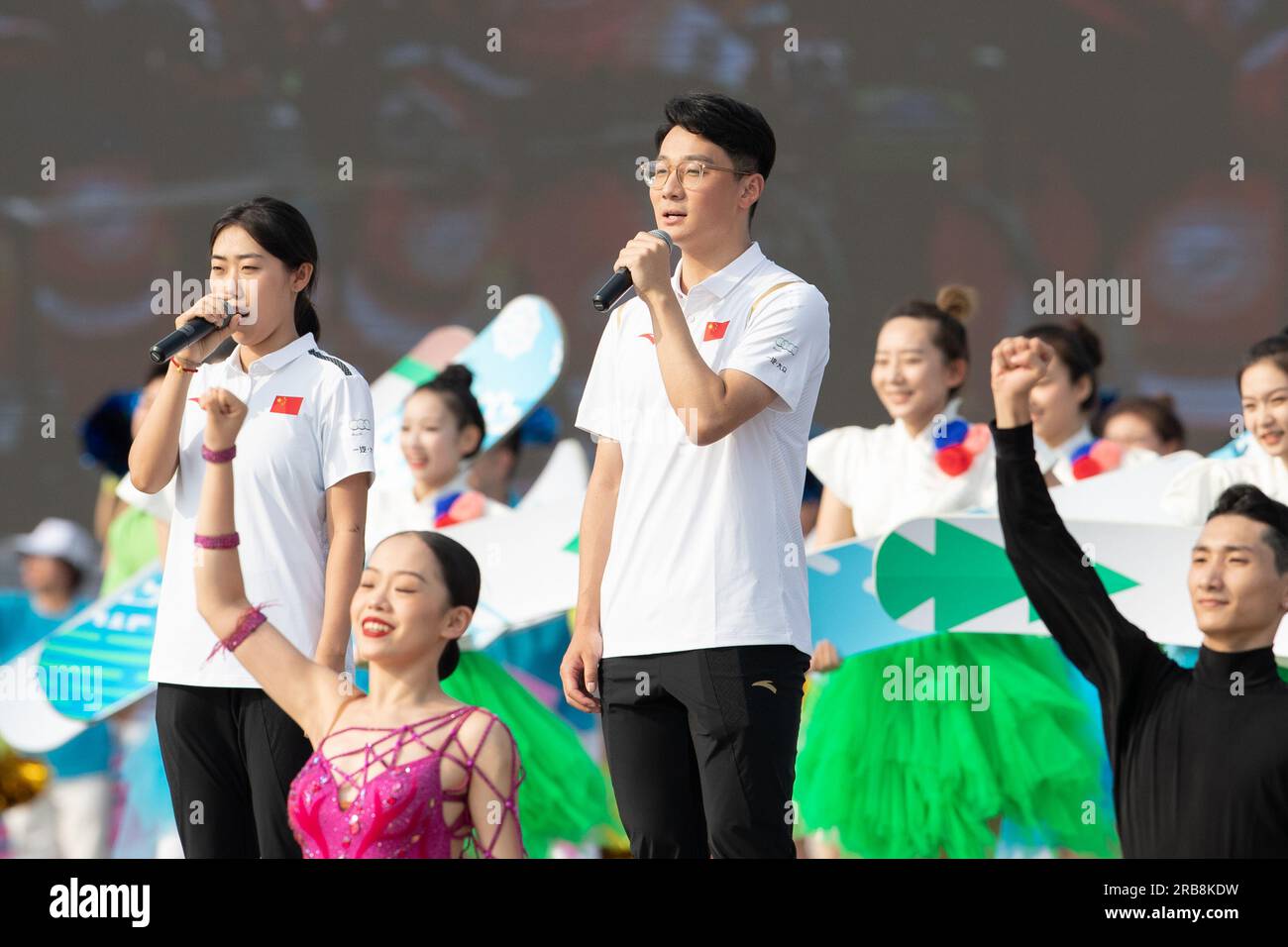 Harbin. 8th July, 2023. Olympic champions Ren Ziwei (3rd L) and Zhang ...