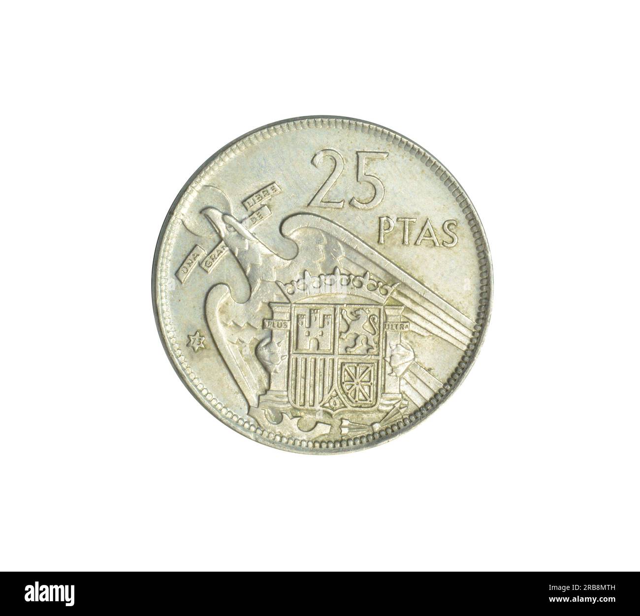 5 Pesetas coin made by Spain, that shows Crowned shield within flying ...