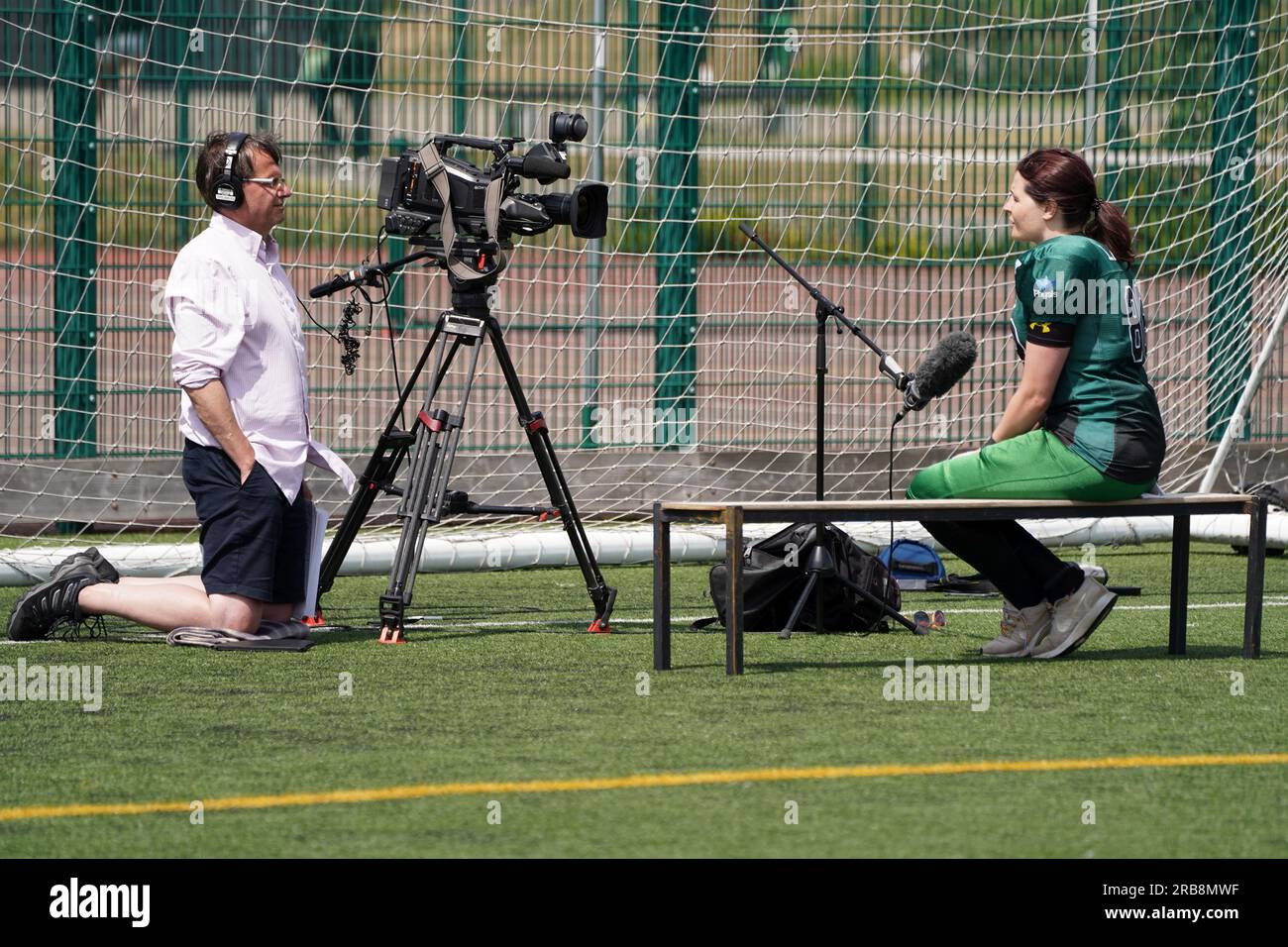 Cardiff Valyrie Ruth Lewis on media duty being interviewed by BBC Stock ...