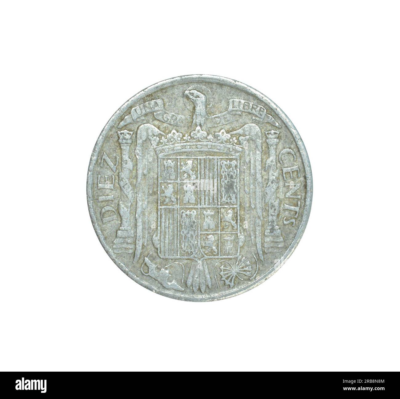 Ten centimos coin made by Spain in 1953, that shows Coat of arms Stock ...