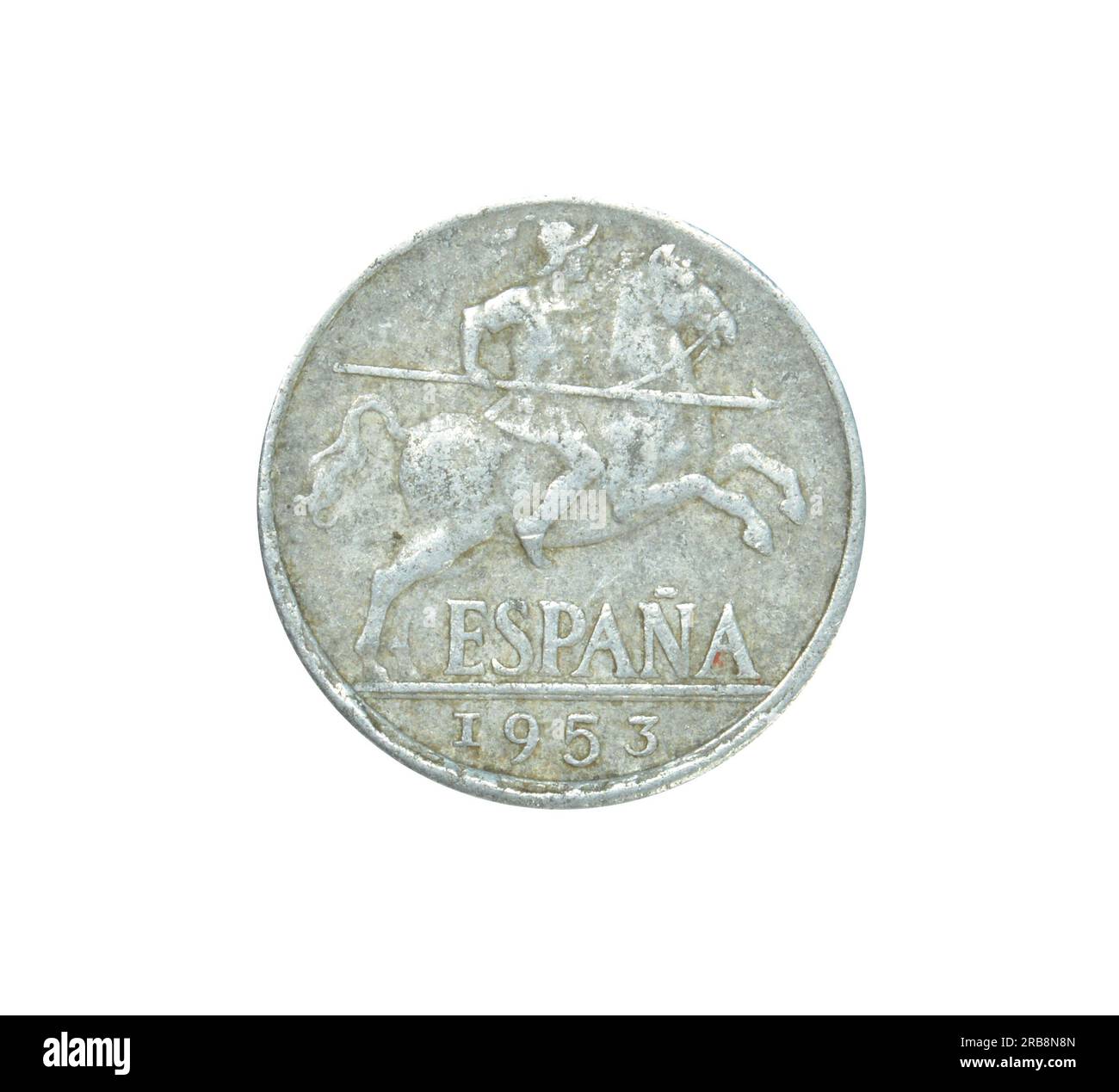 Ten centimos coin made by Spain in 1953, that shows An armored rider ...