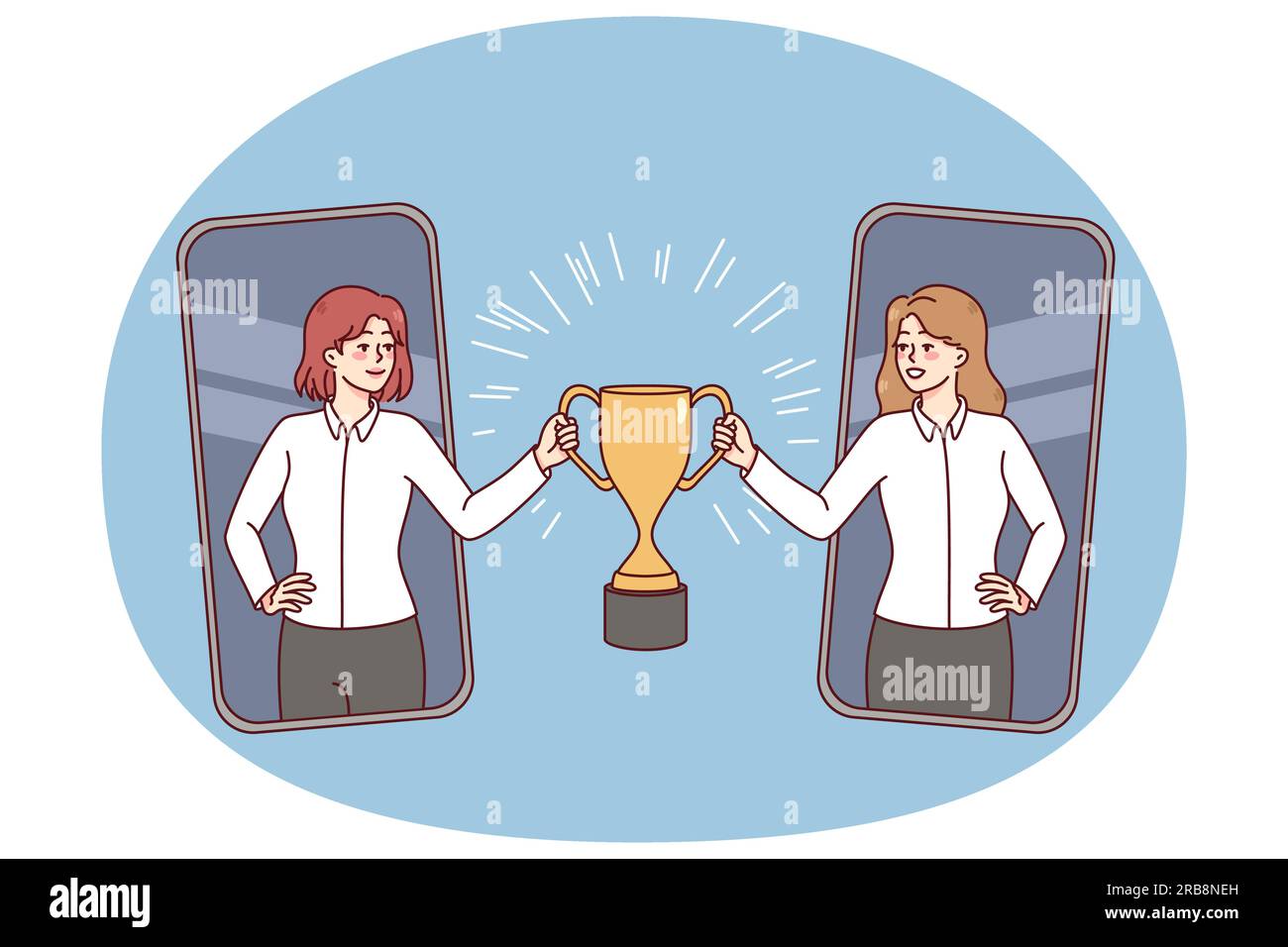 Happy businesswoman on smartphone screen stretch hand holding golden ...