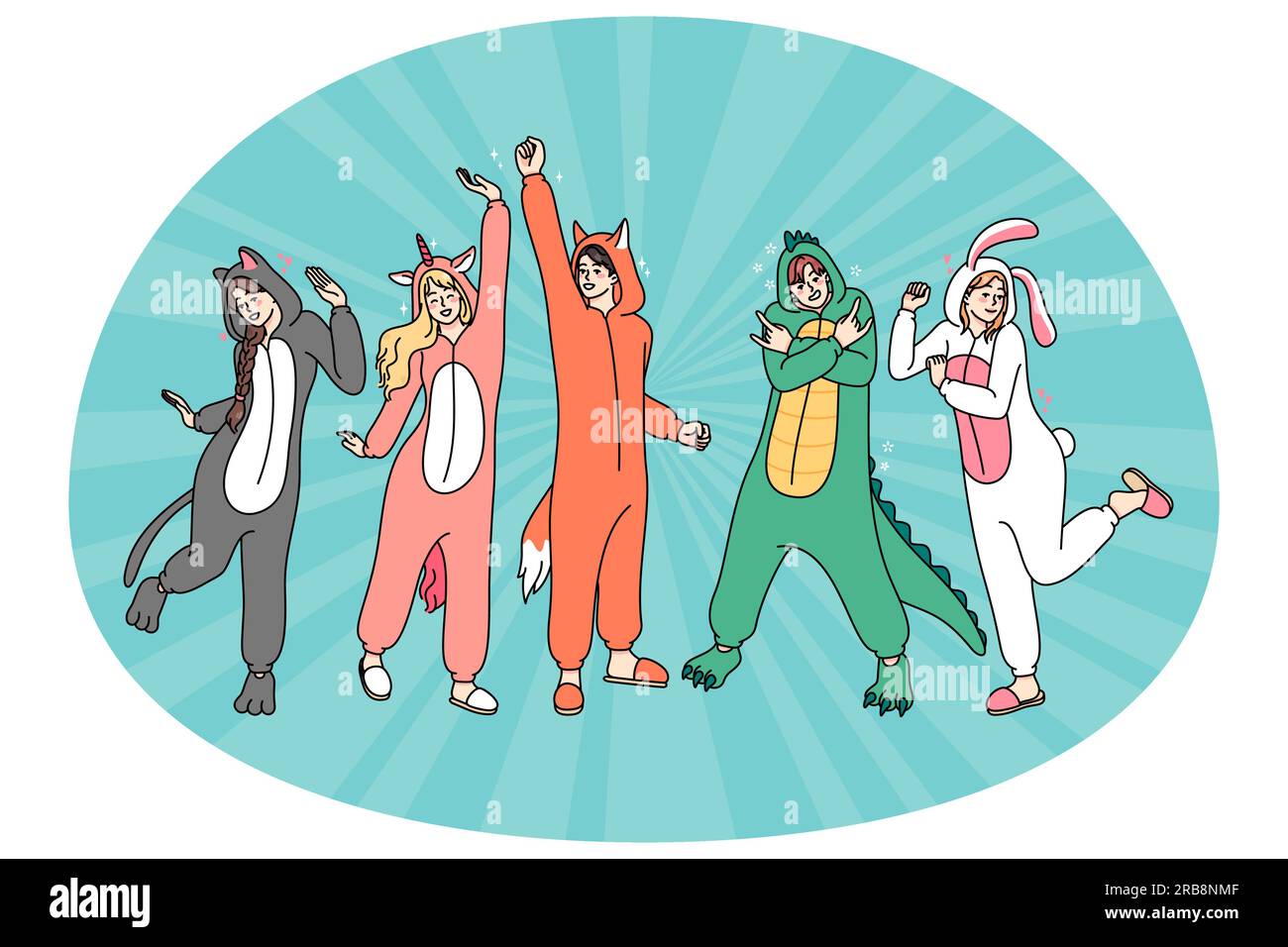 Happy people in funny animal costumes dancing and having fun ...