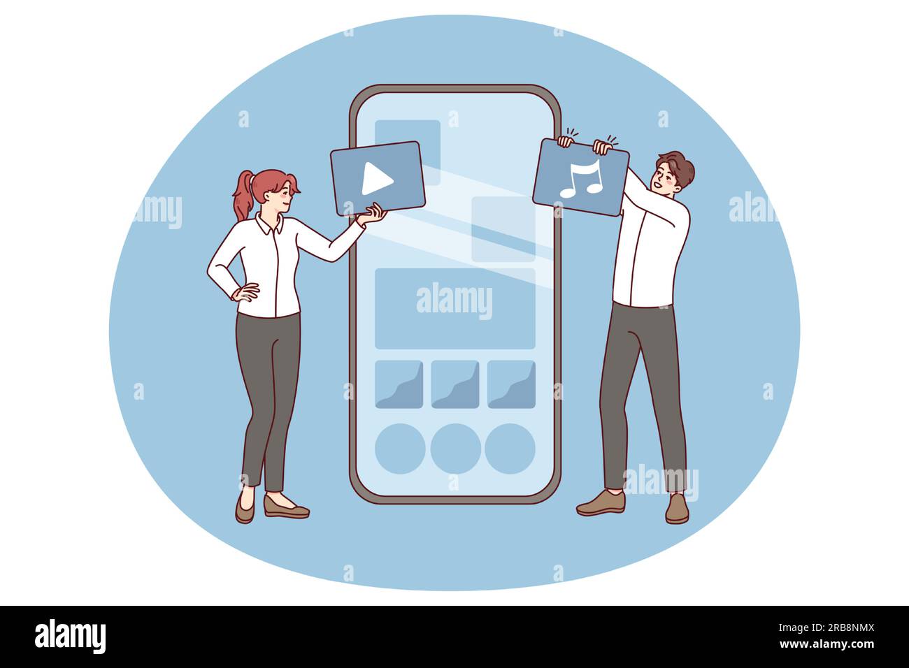 People working with widget on cellphone helping with application ...