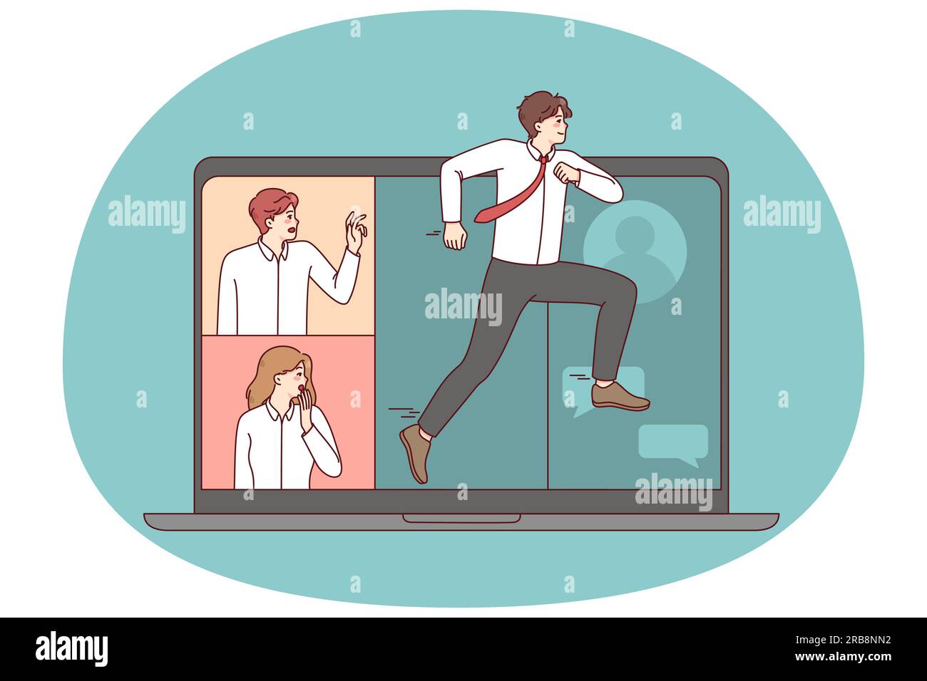 Male employee running away from online business meeting on laptop with ...