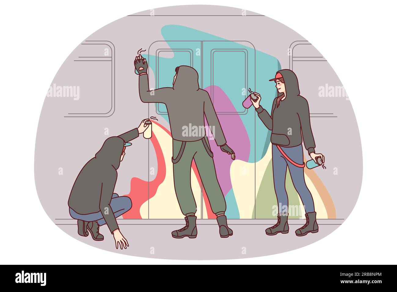 People painting subway train with graffiti. Vandals drawing subculture ...