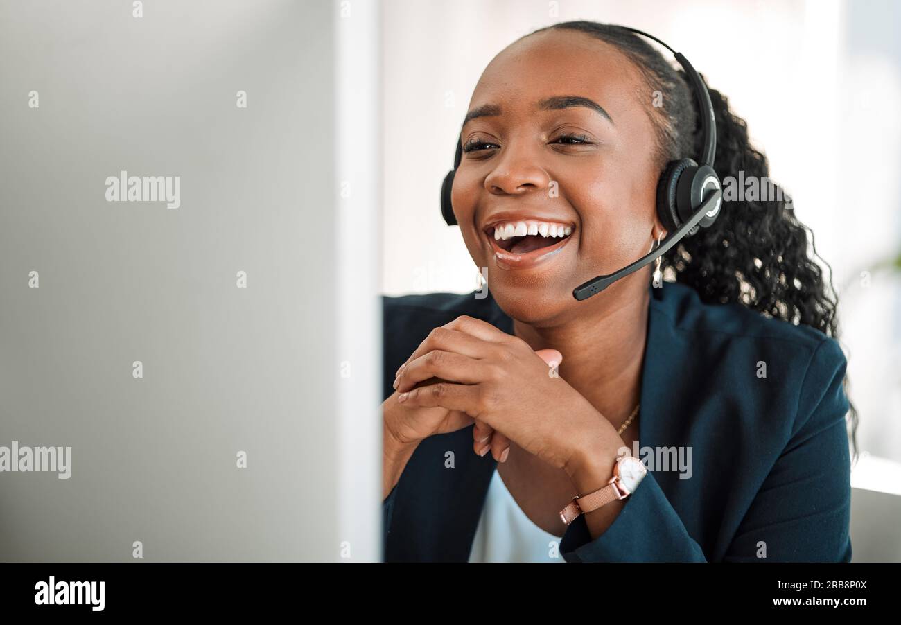 Funny, telemarketing and black woman with a smile, customer service and ...
