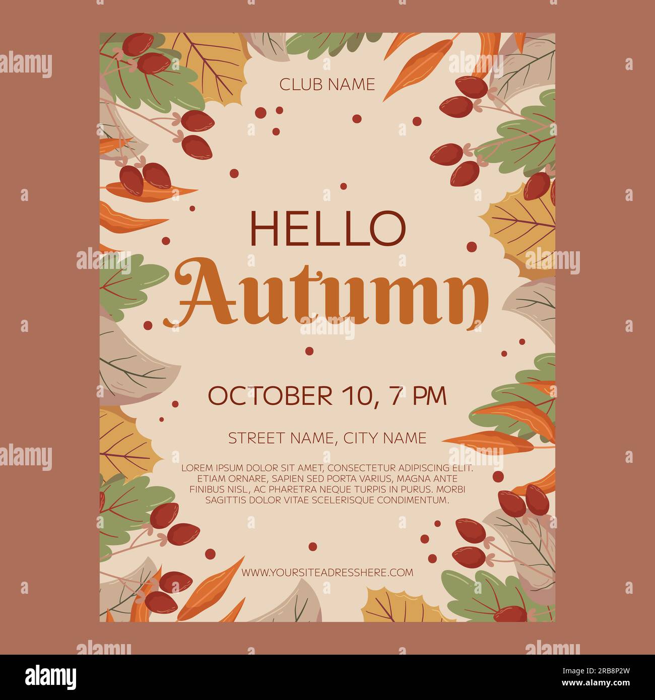 Hello Autumn Party poster template design. Frame with different leaves ...