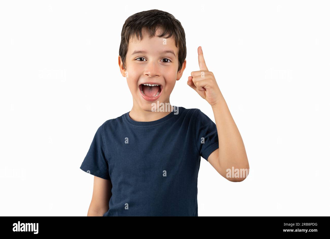 Portrait of a excited child pointing with white background. Horizontal ...