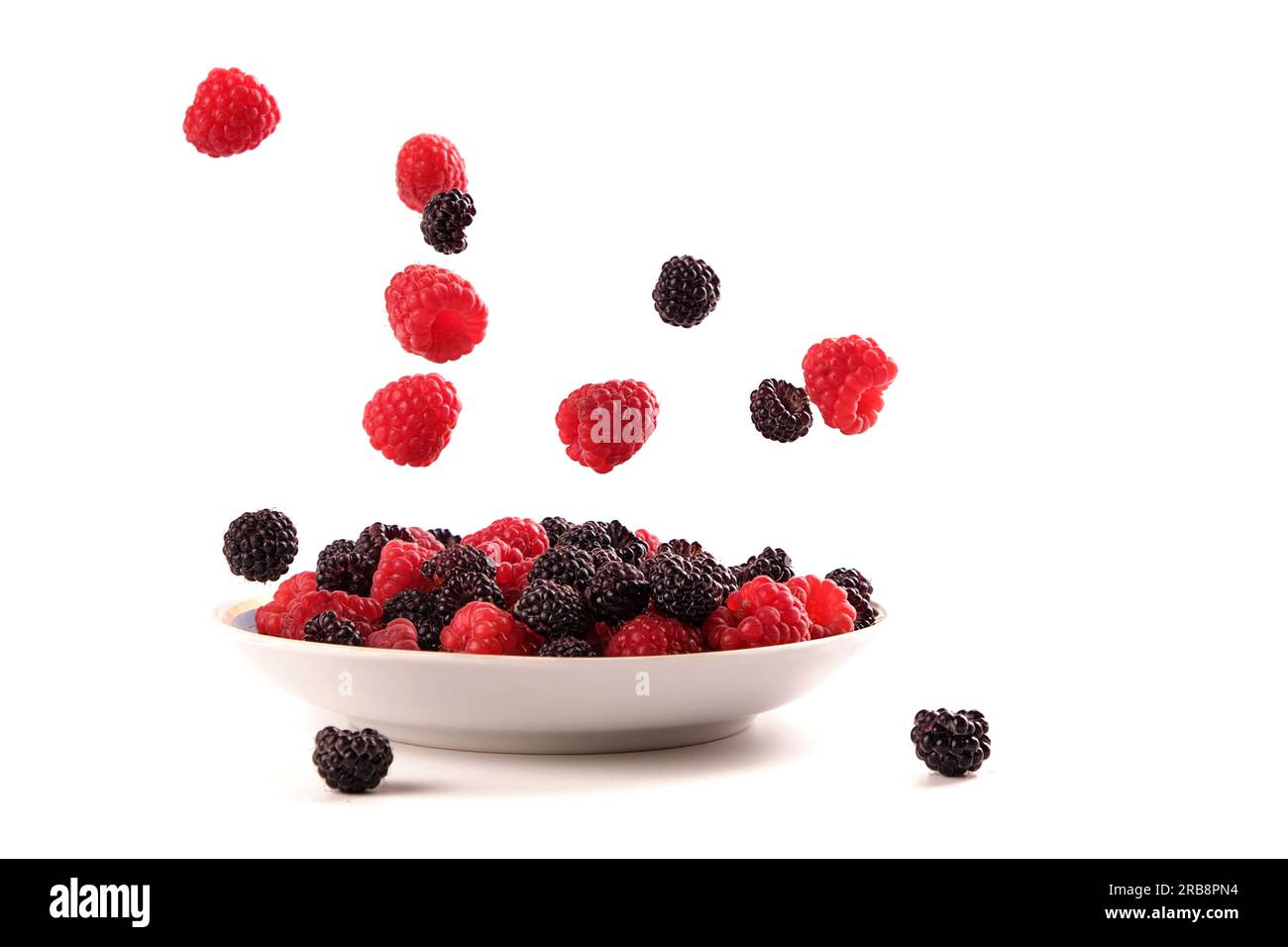 Raspberry, black raspberry in a plate, isolate on white, berries are ...