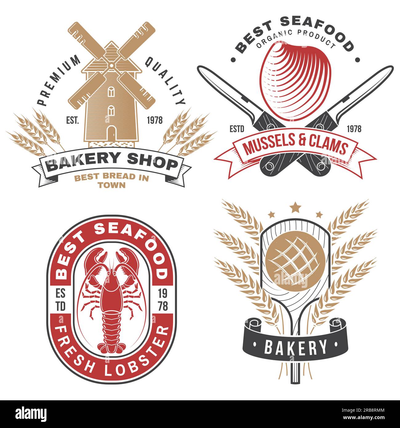 Set of Bakery and seafood badges. Vector. For emblem, sign, patch ...