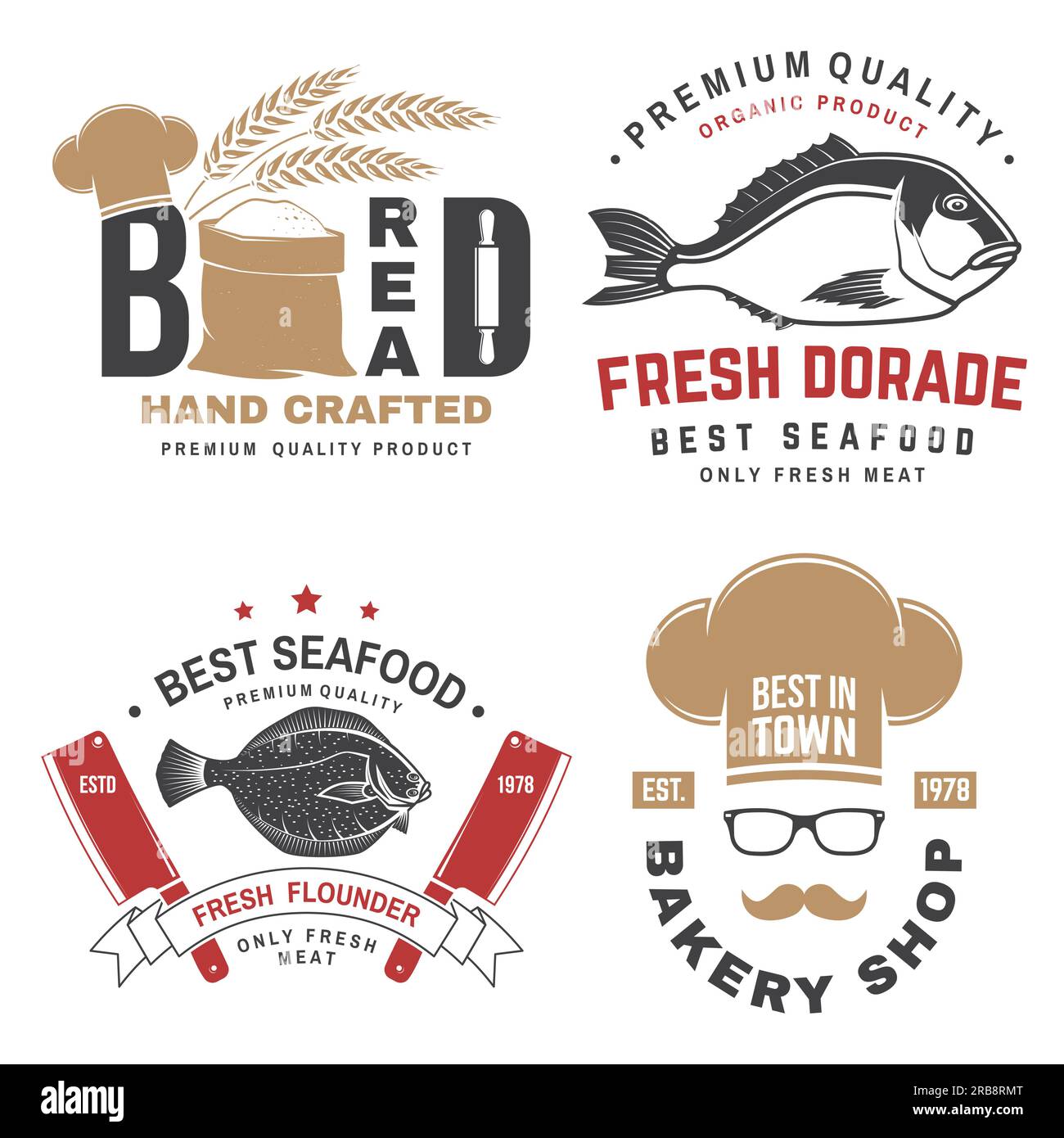 Set of Bakery and seafood badges. Vector. For emblem, sign, patch ...