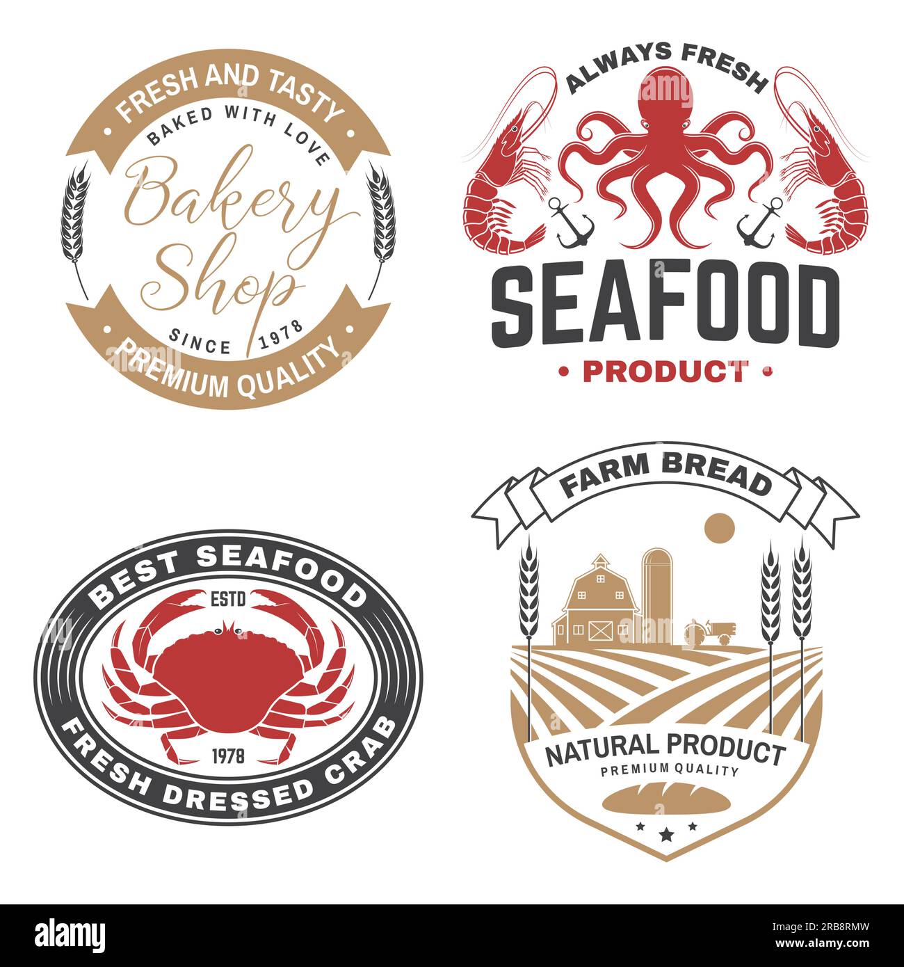 Set of Bakery and seafood badges. Vector. For emblem, sign, patch ...