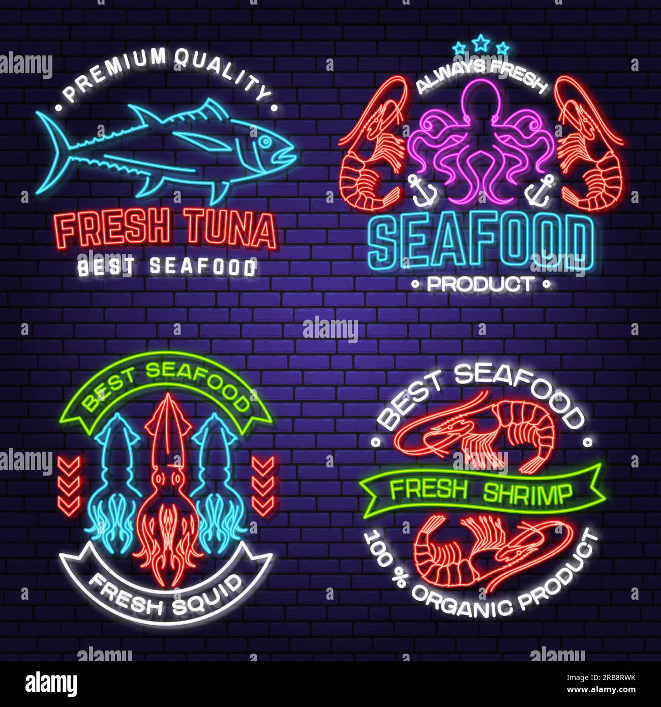 Fresh tuna, octopus and shrimp, squid delicious neon sign. Vector. For ...