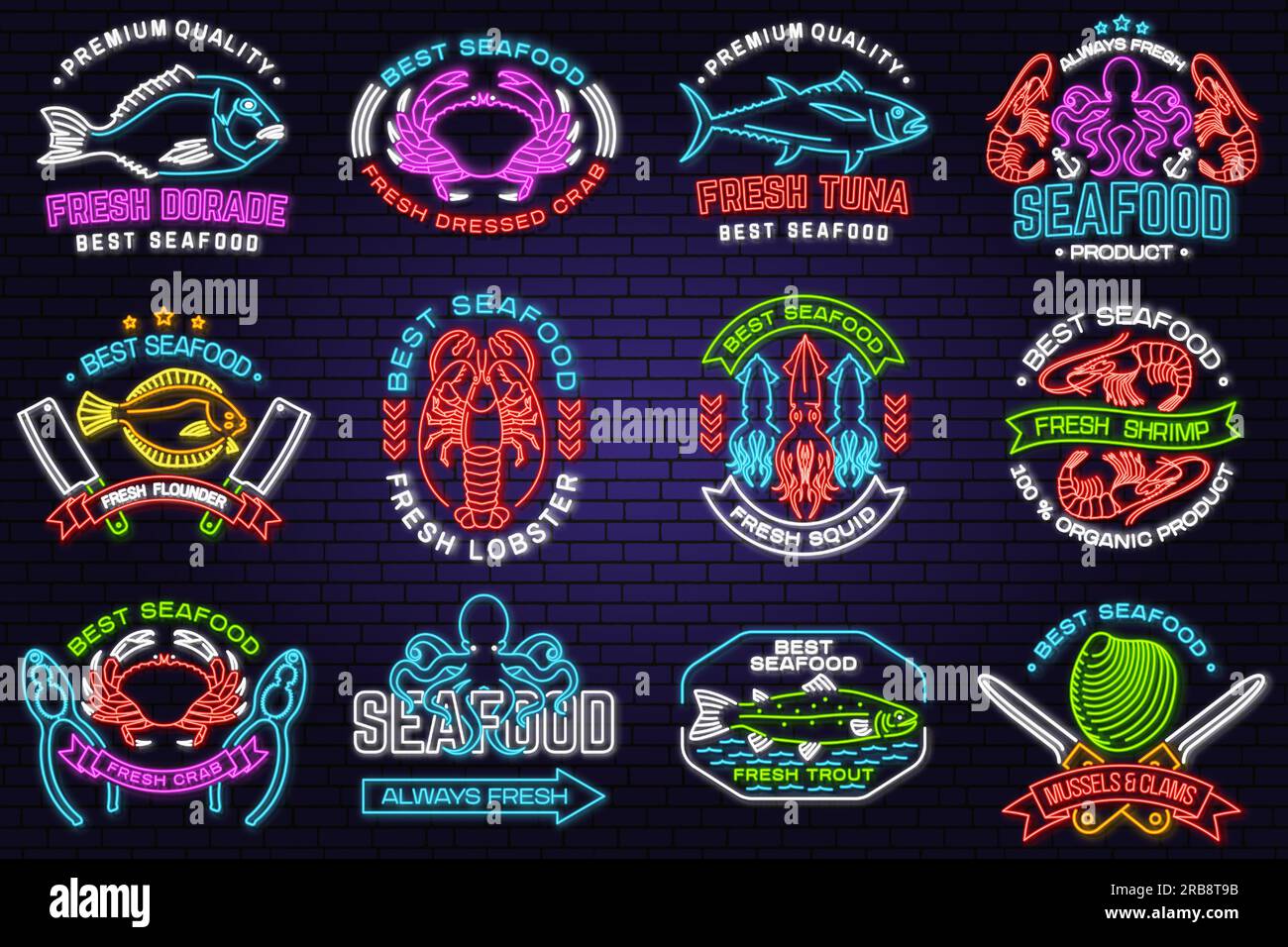 Set of best seafood neon sign. Fresh tuna, octopus, trout, shrimp ...