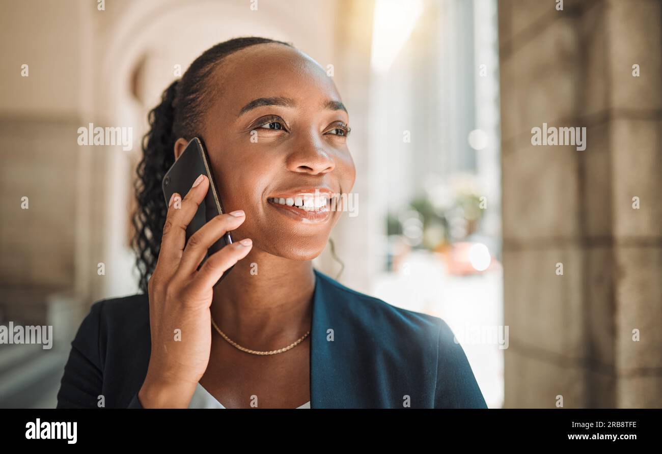 Happy black woman, phone call and city for communication, conversation ...
